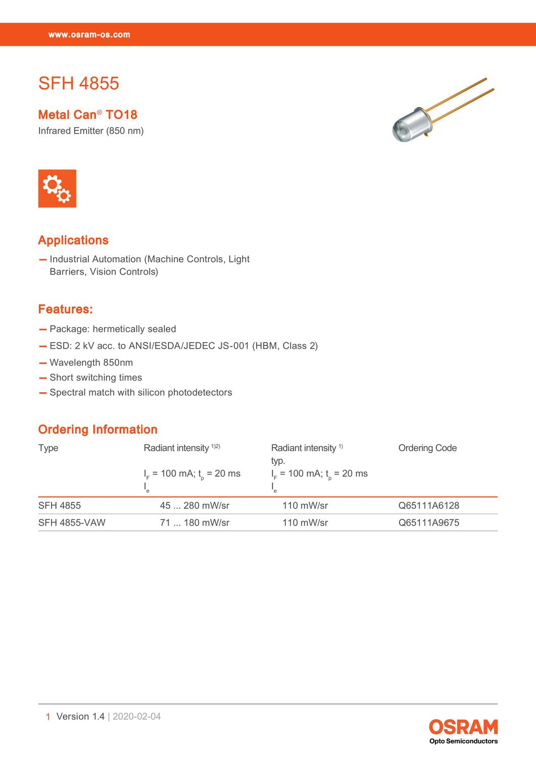 SFH4855 红外线发射管 - 佰典旺(集團)有限公司