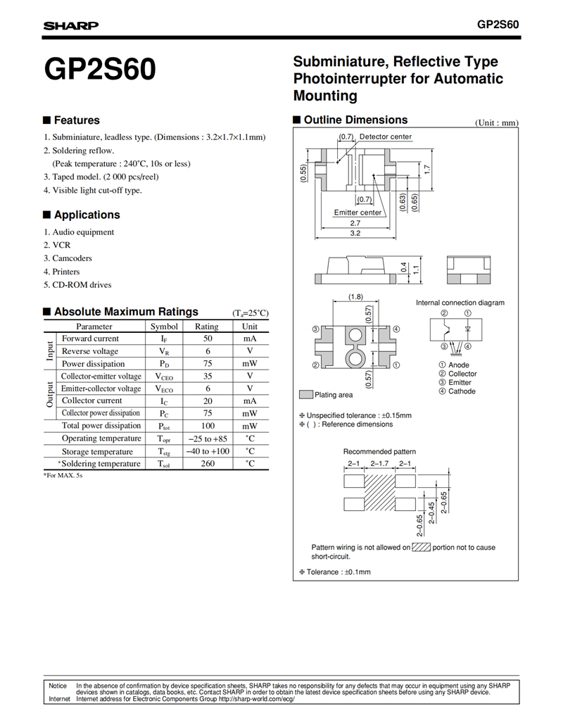 GP2S60A 反射式光电传感器 - 佰典旺(集團)有限公司