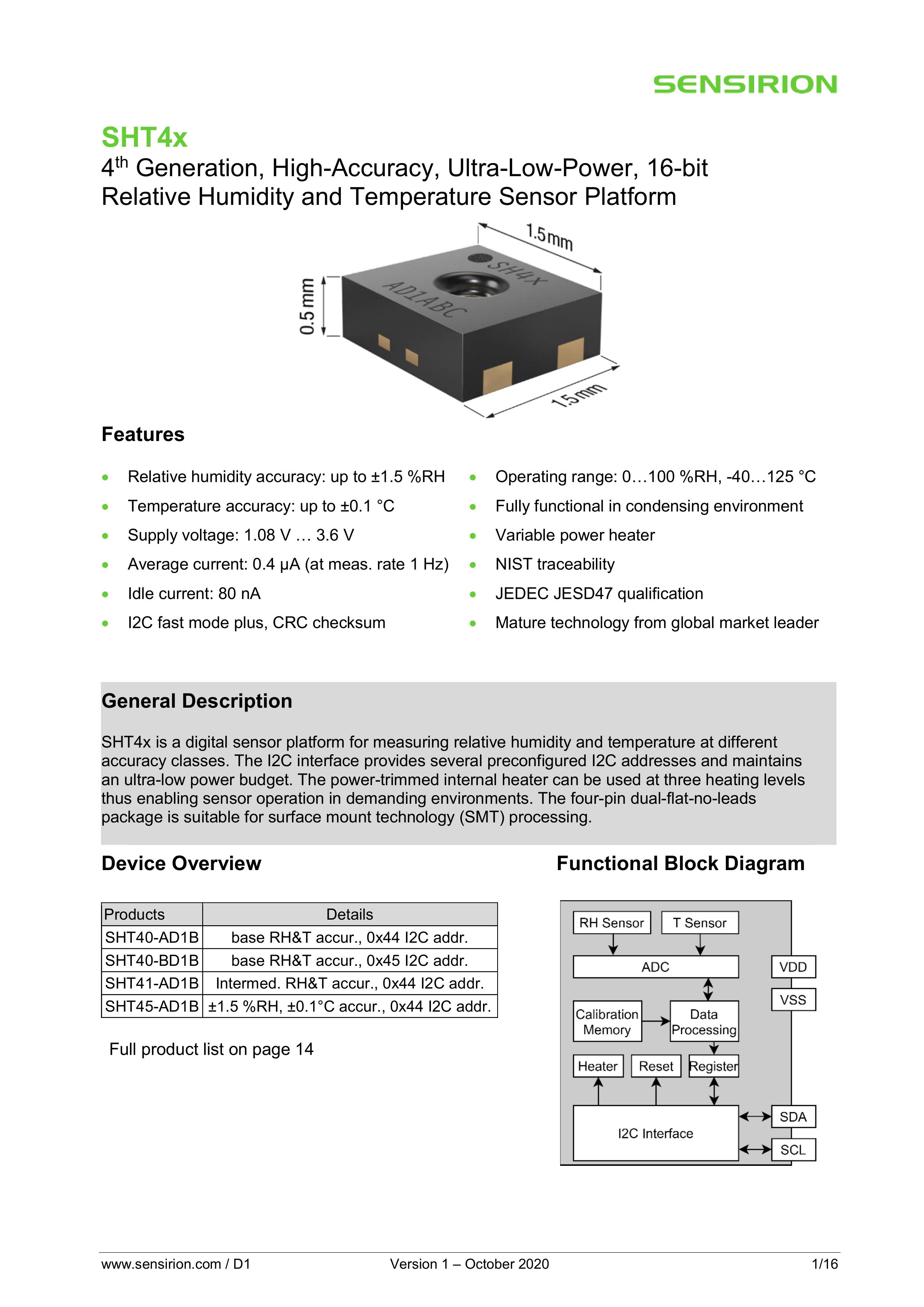 SHT40-AD1B-R2 温湿度传感器 - 佰典旺(集團)有限公司