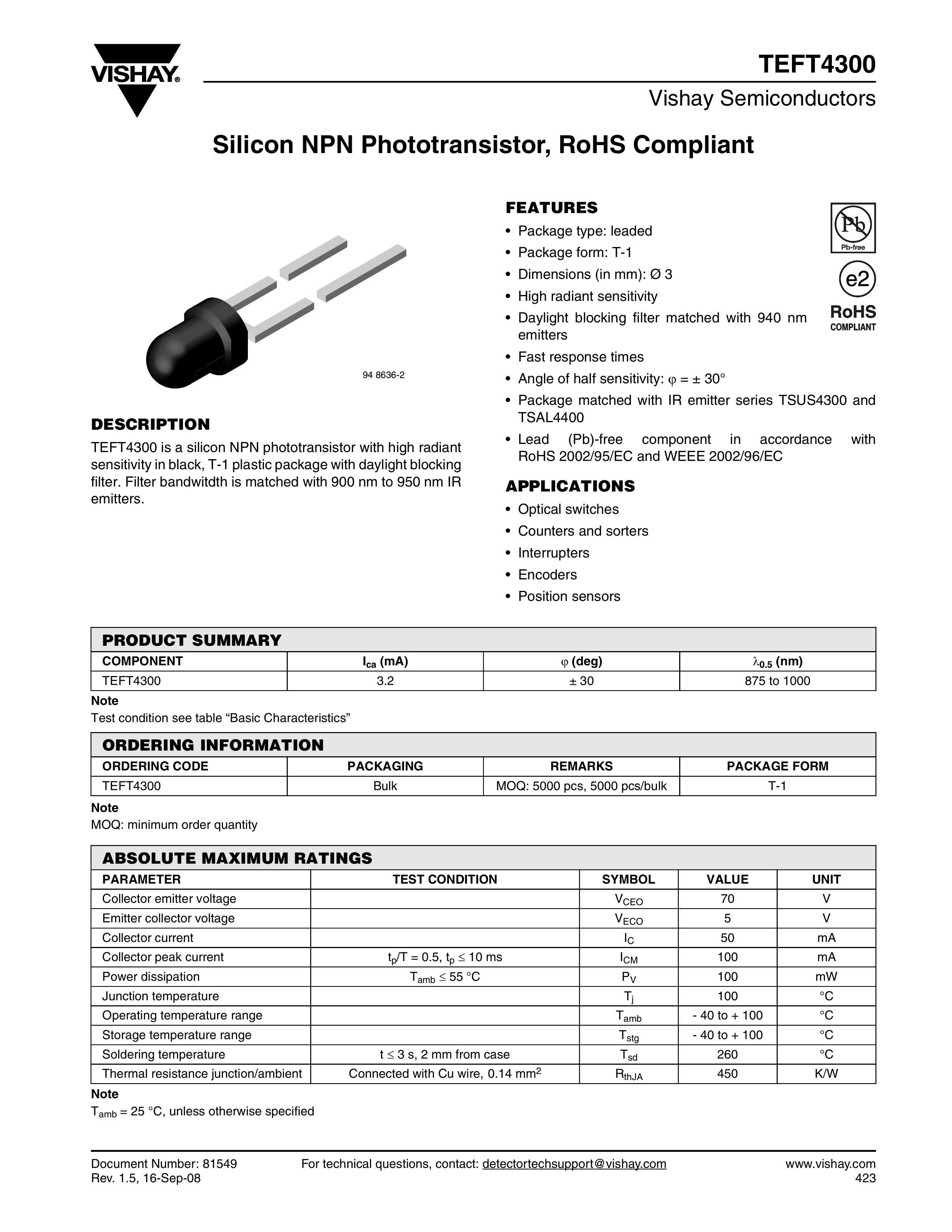 TEFT4300 红外线发射管 - 佰典旺(集團)有限公司