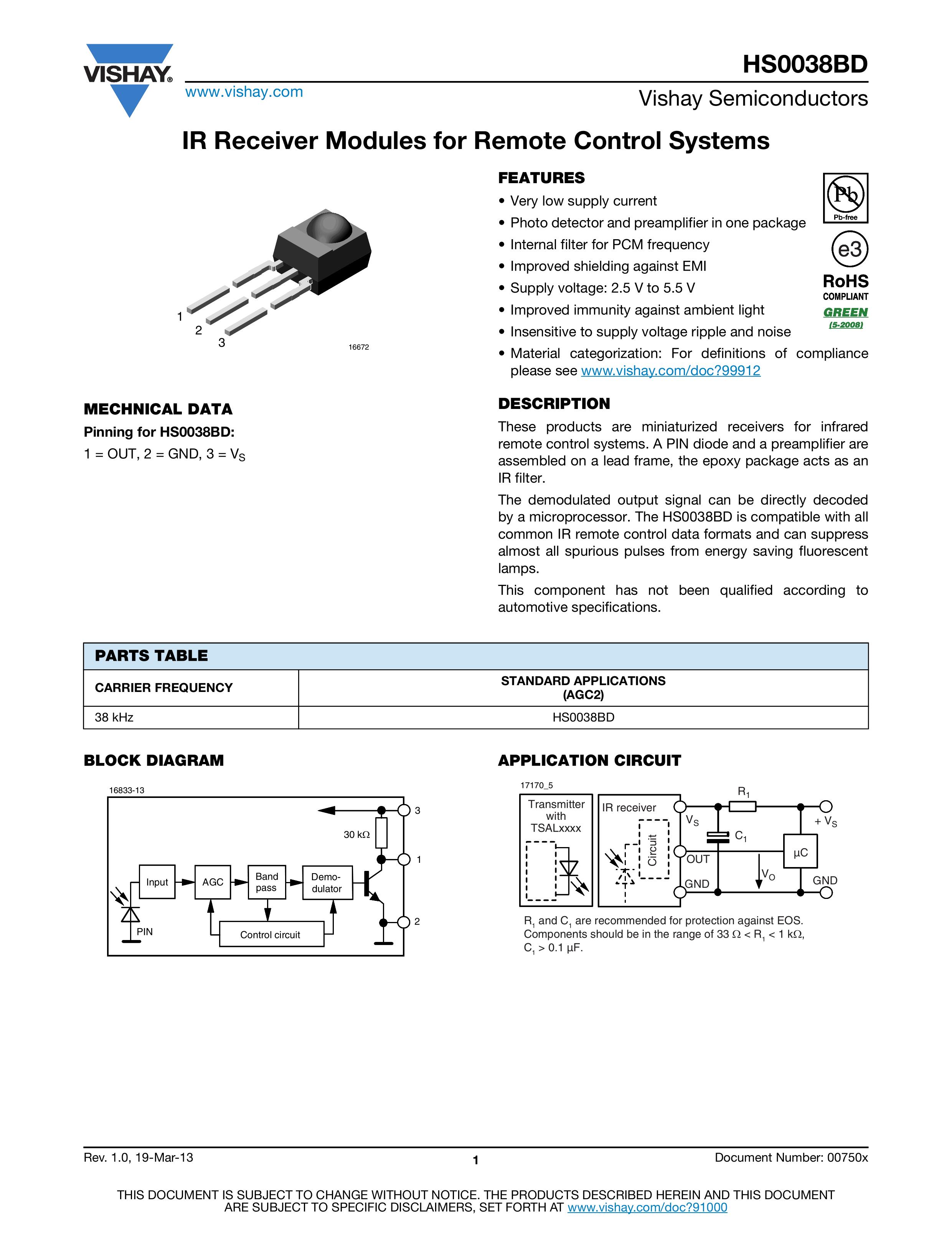 HS0038BD 红外接收管 - 佰典旺(集團)有限公司