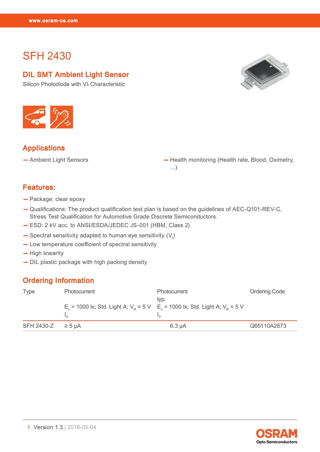 SFH2430-Z 光电二极管 - 佰典旺(集團)有限公司